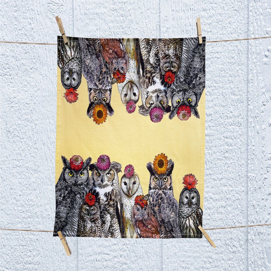 Fanciful Owls with Flower Hats Flour Sack Kitchen Towel