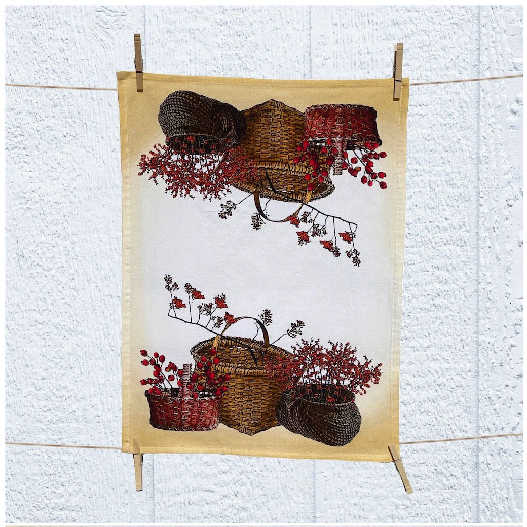 Autumnal Baskets w Bittersweet & Rose Hips Flour Sack Tea Towel