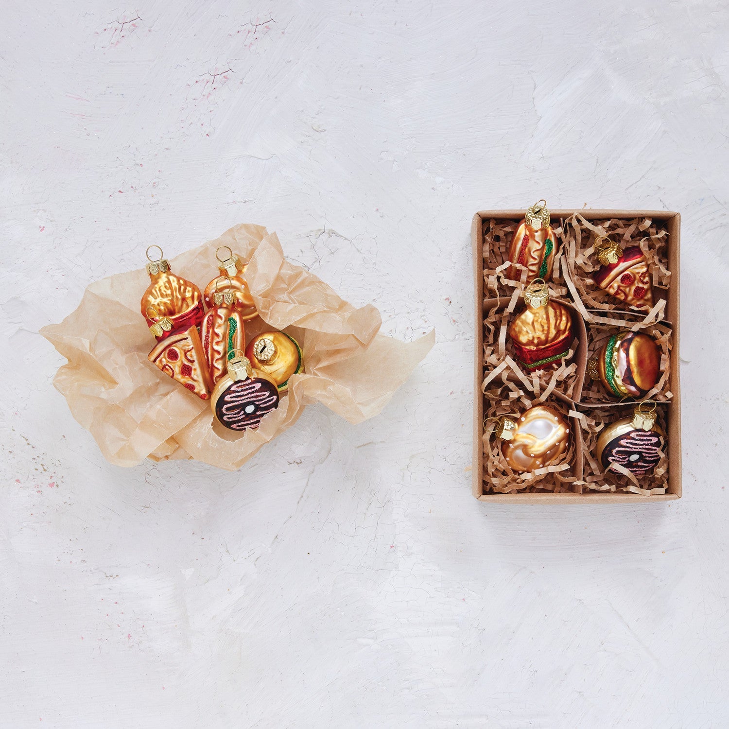 Boxed Set of Six Glittered Glass Junk Food Ornaments