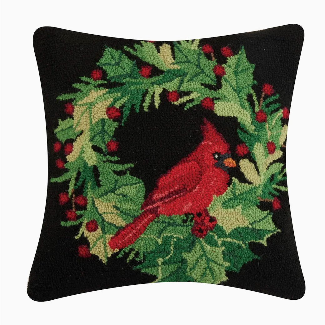 Cardinal Joy Christmas Hooked Rug Pillow