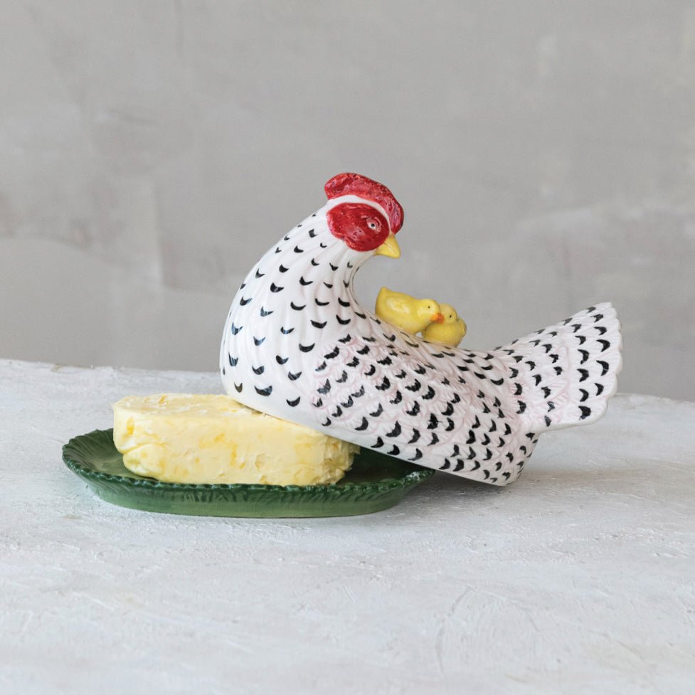 Hand-Painted Vintage Reproduction Hen Shaped Butter Dish with Chicks