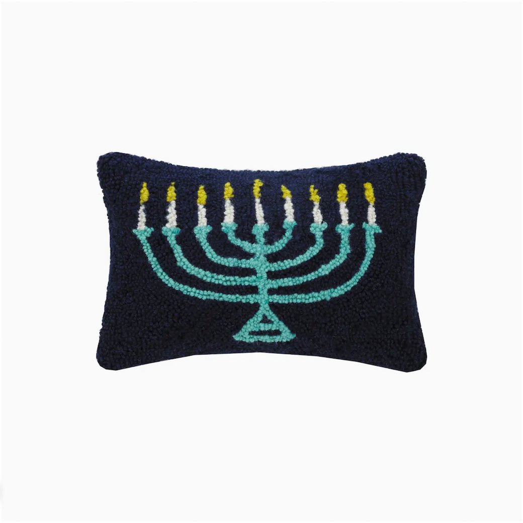 Petite Hooked Rug Pillow Menorah on Dark Blue