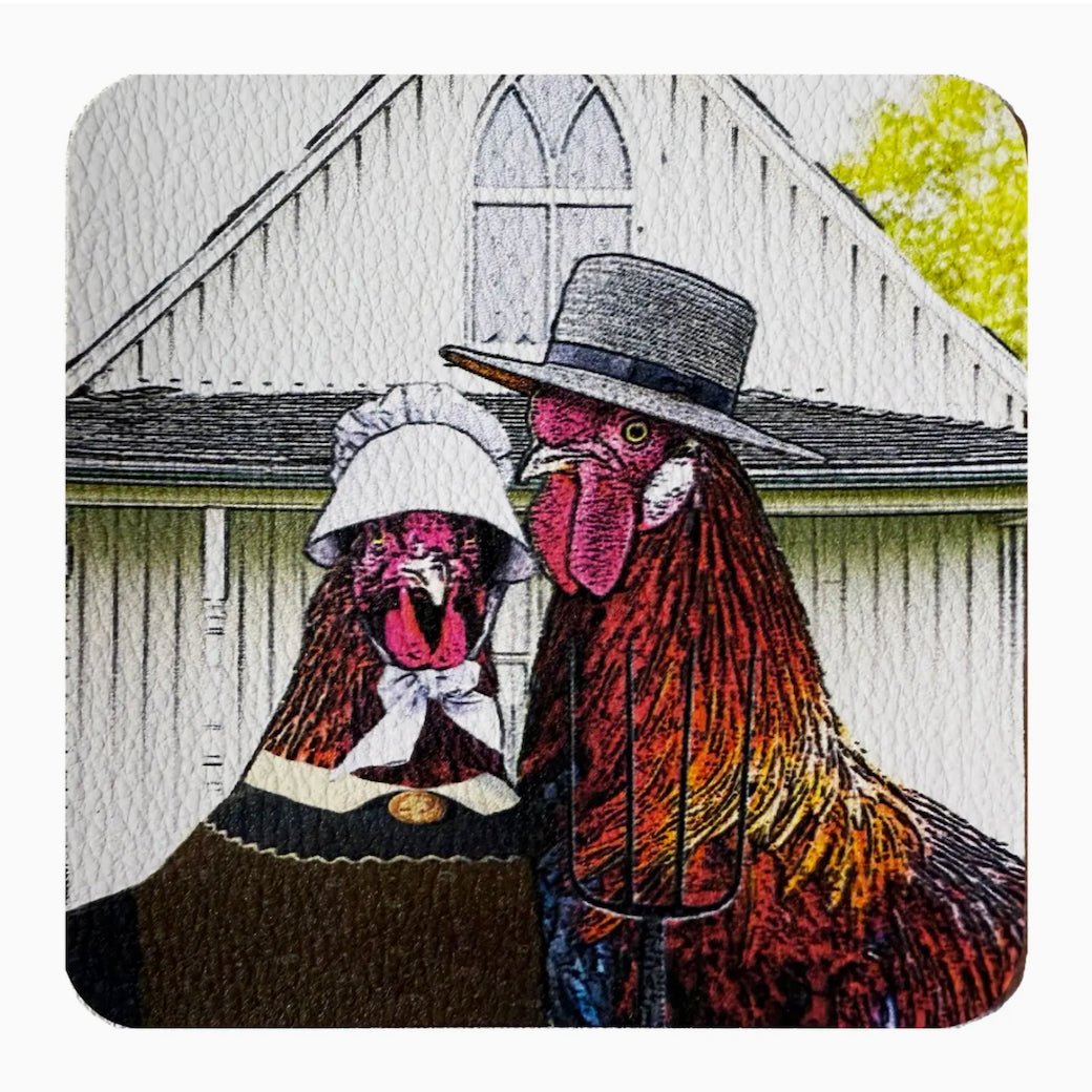 Set of Four Chicken & Rooster Drink Coasters “American Gothic”