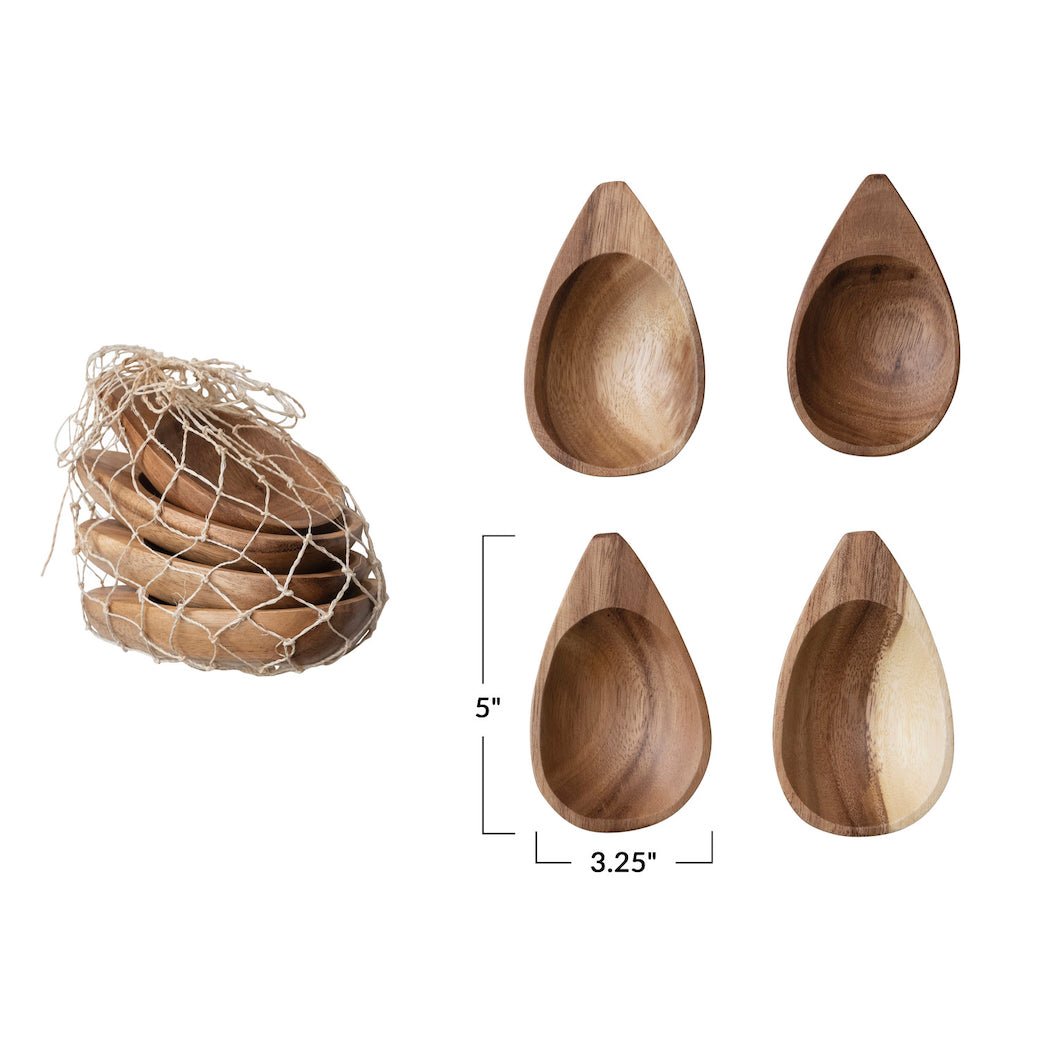 Set of Four Small Acacia Wood Bowls w Natural Finish in Abaca Net Bag