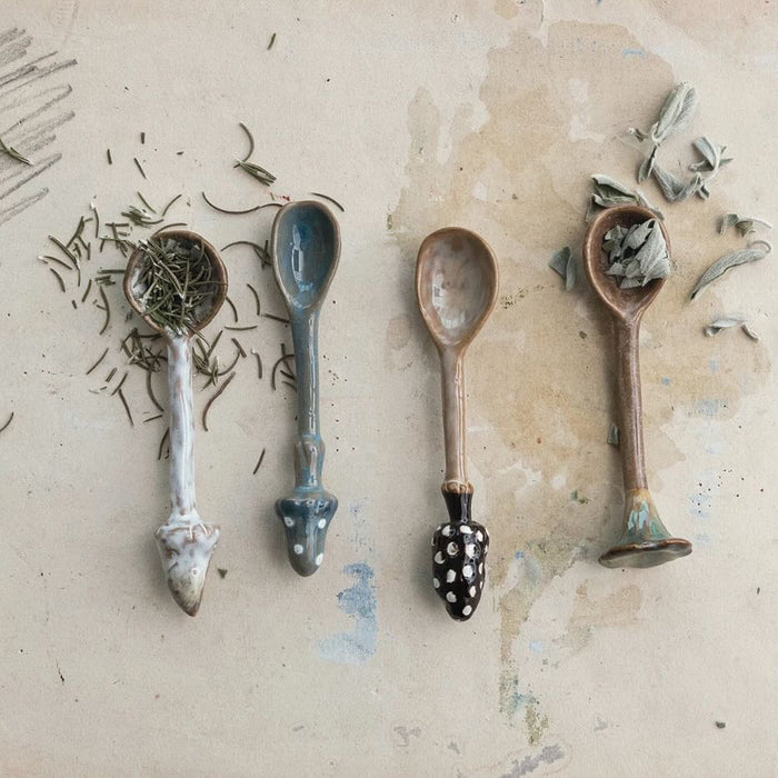 Set of Four Stoneware Spoons w Mushroom Handles