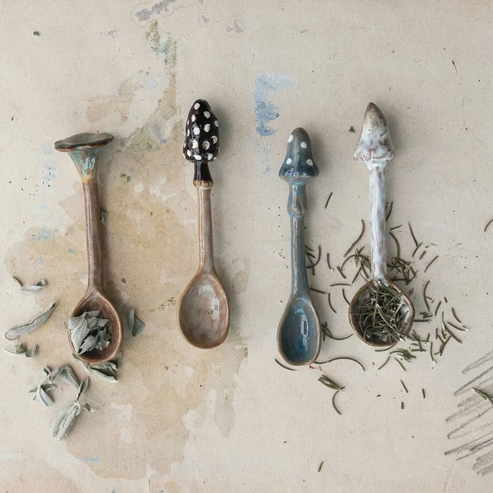 Set of Four Stoneware Spoons w Mushroom Handles