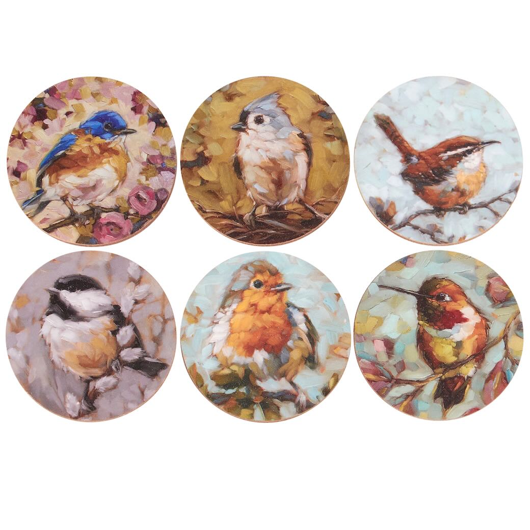 Set of Six Round Wooden Tiny Bird Magnets