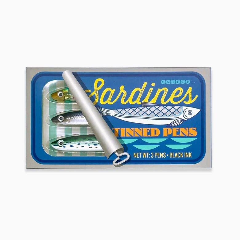 Set of Three Fish-Shaped Ink Pens in Faux Sardine Tin