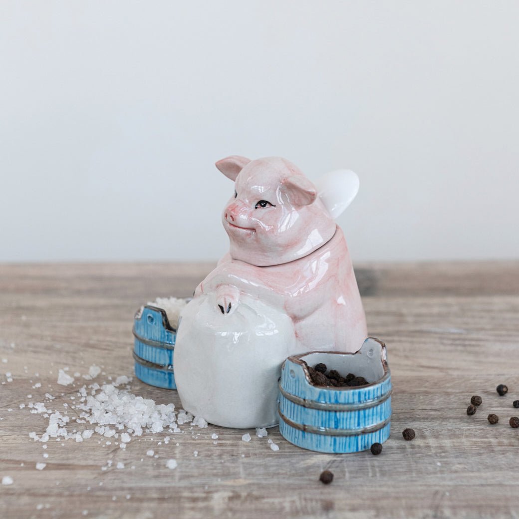 Stoneware Vintage Reproduction Pig-Shaped Mustard Pot with Spoon