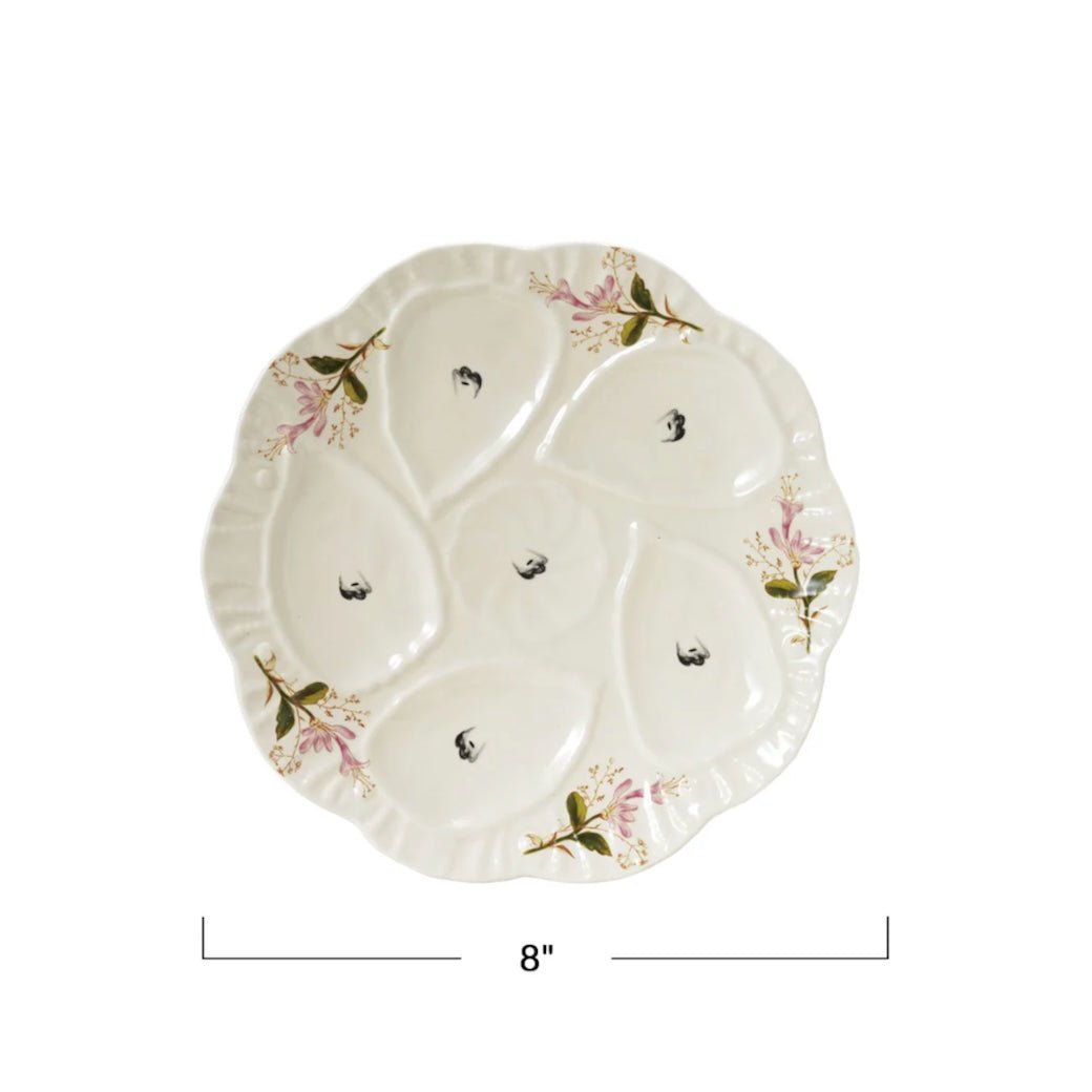 Stoneware Vintage Reproduction Scalloped Oyster Plate with Flowers