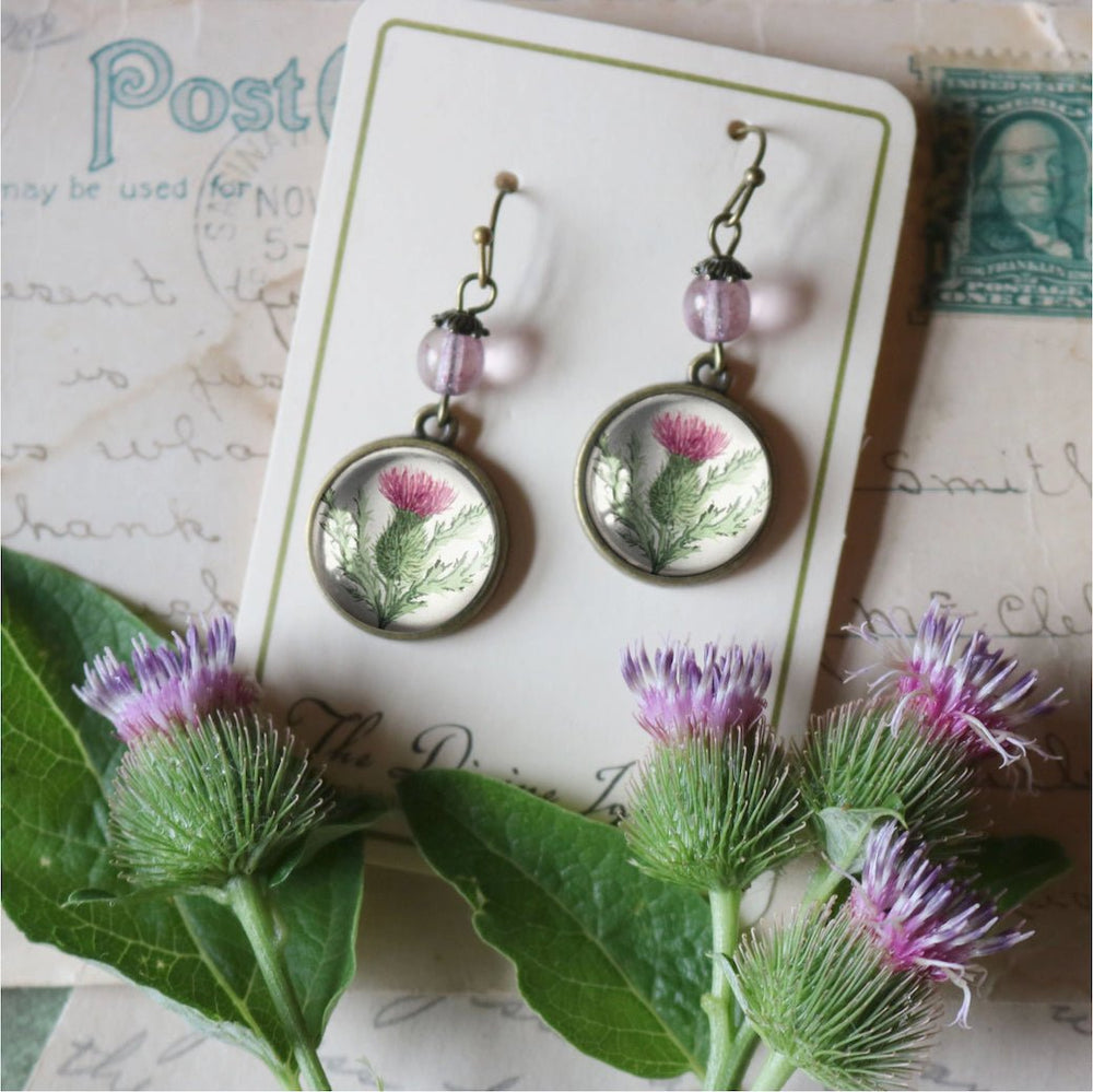 Vintage-Style Hand-made Cottage Core Scottish Thistle Earrings Pierced