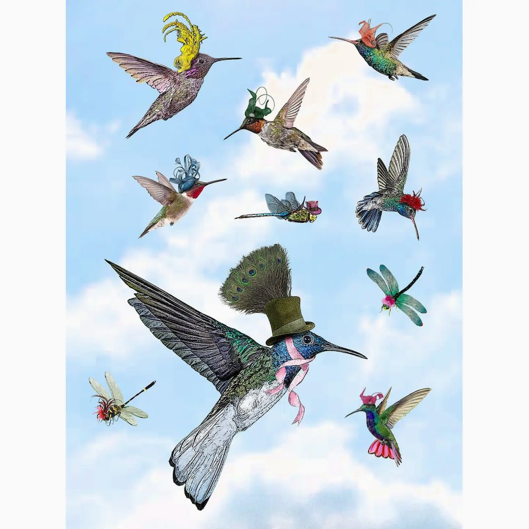 Whimsical Hummingbirds & Dragonflies in Fancy Hats Flour Sack Tea Towe