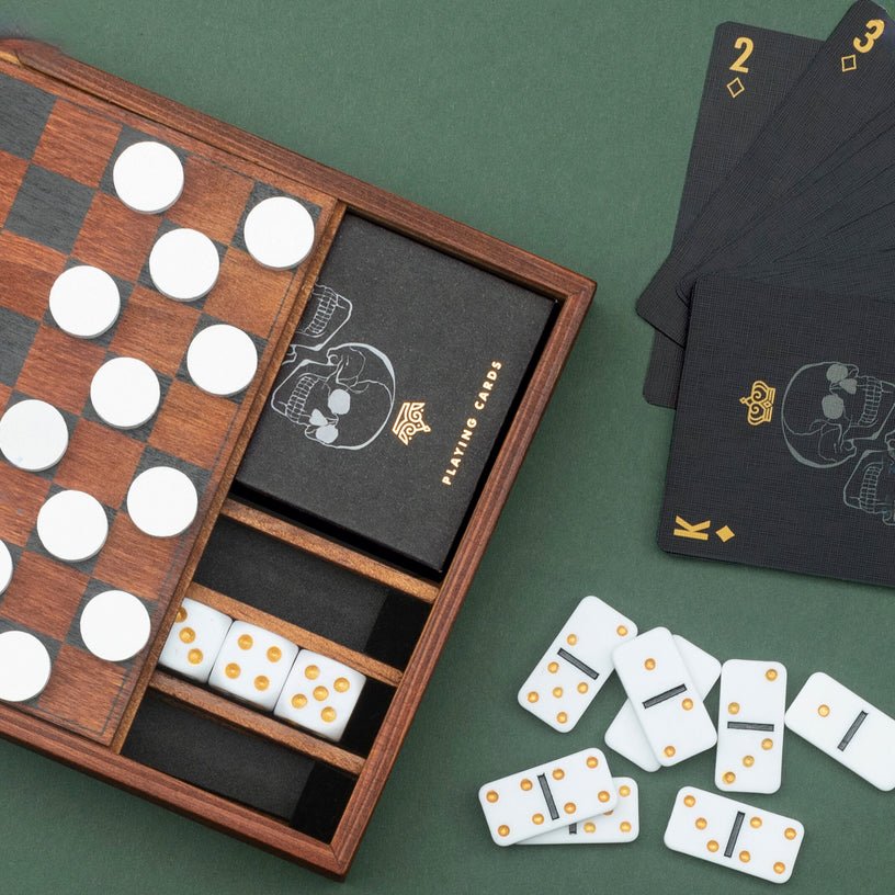 Wooden Games Night Set - Dice, Cards, Checkers, Dominoes