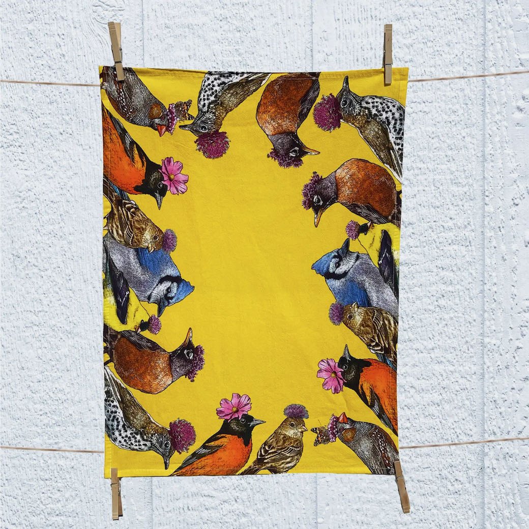 Fanciful Birds with Flower Hats Flour Sack Kitchen Towel