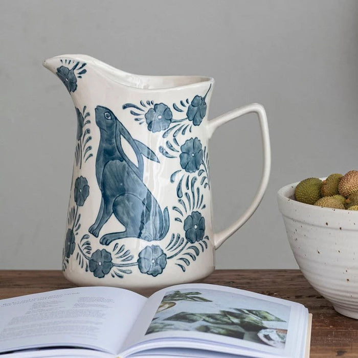 Large Hand-Painted Blue Bunny Pitcher 3 Quart