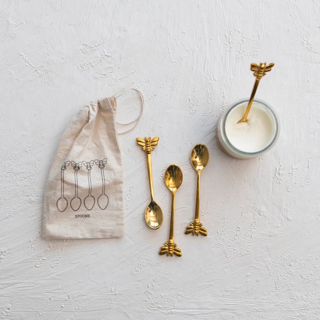 Set of Four Brass Bee Condiment Spoons