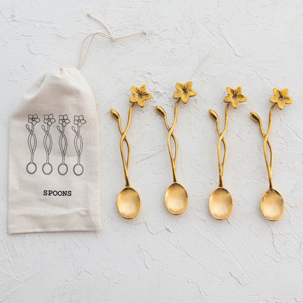 Set of Four Oval Brass Flower Spoons