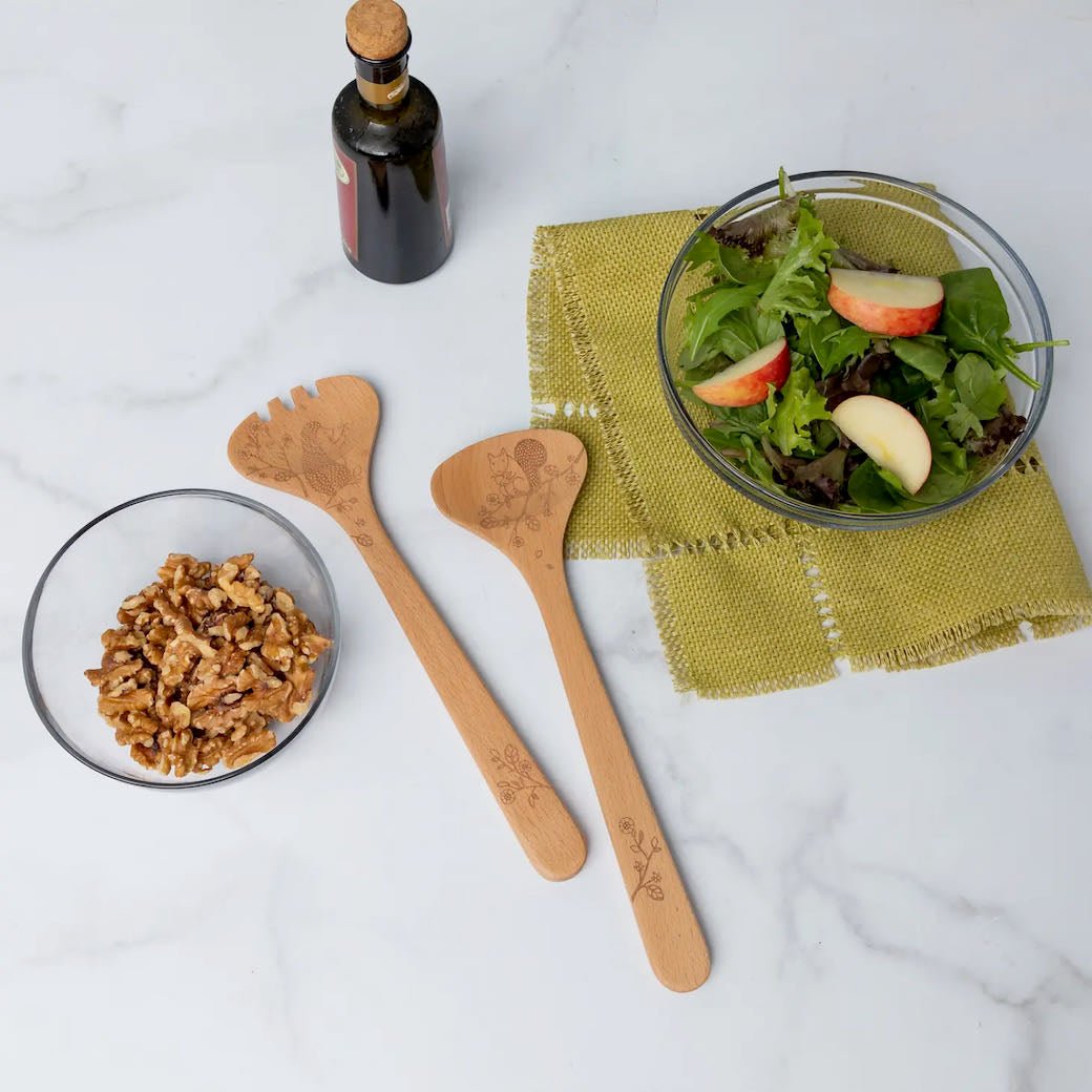 Two-Piece Woodland Beechwood Salad Set with Squirrel & Hedgehog