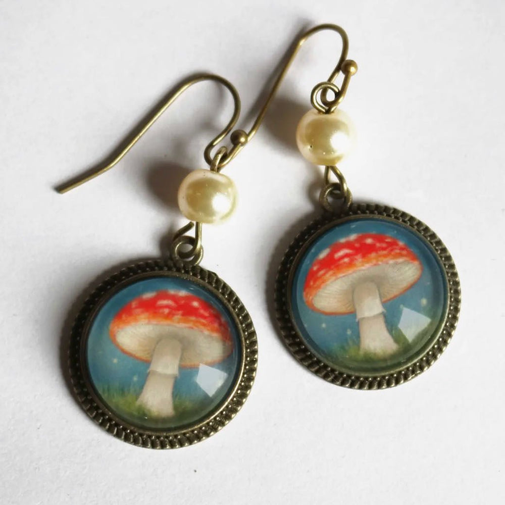 Vintage-Style Cottage Core Moonlit Mushroom Earrings Pierced Ears