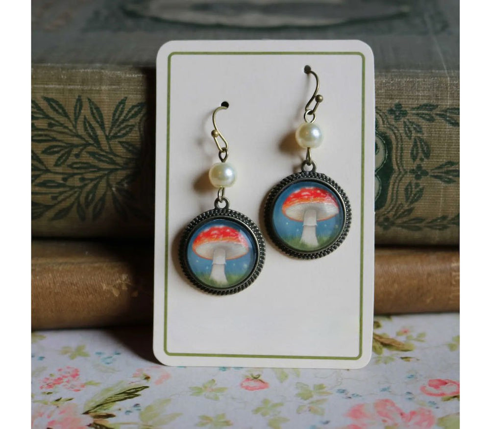 Vintage-Style Cottage Core Moonlit Mushroom Earrings Pierced Ears